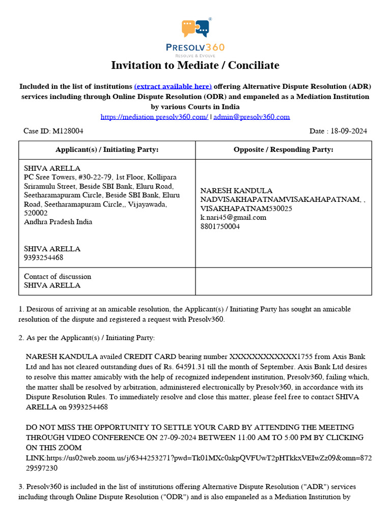 Invitation Mediate M128004 | PDF | Mediation | Alternative Dispute ...