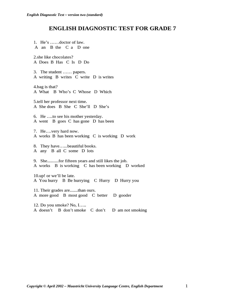 English Diagnostic Test 7-10 | PDF | Linguistic Morphology | Languages
