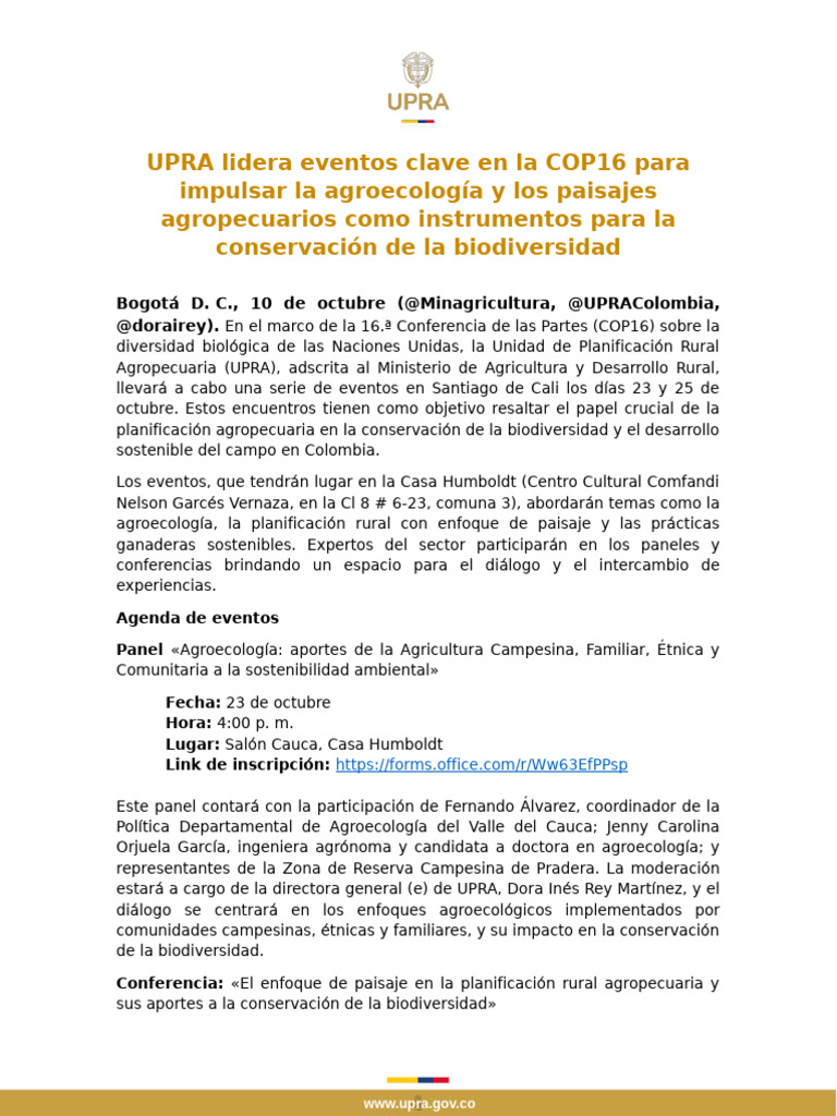 UPRA Lidera Eventos Clave en La COP16 | PDF | Agroecología | Colombia