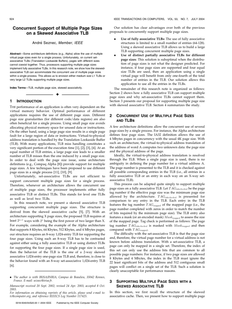 Concurrent Support of Multiple Page Sizes On A Skewed Associative TLB | PDF | Cpu Cache ...
