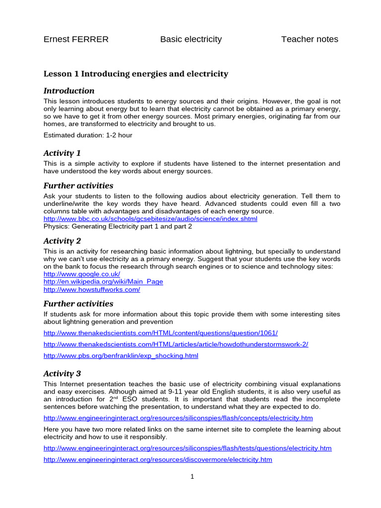 Basic Electricity - Teacher's Notes | PDF | Switch | Electricity