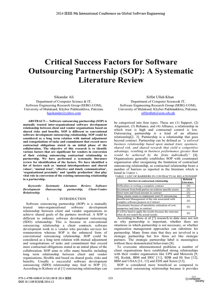 Critical Success Factors For Software Outsourcing Partnership (SOP) - A Systematic Literature ...