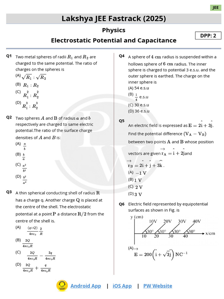 Electrostatic Potential & Capacitance - DPP 02 (Of Lec 03) - Lakshya JEE Fastrack 2025 | PDF ...