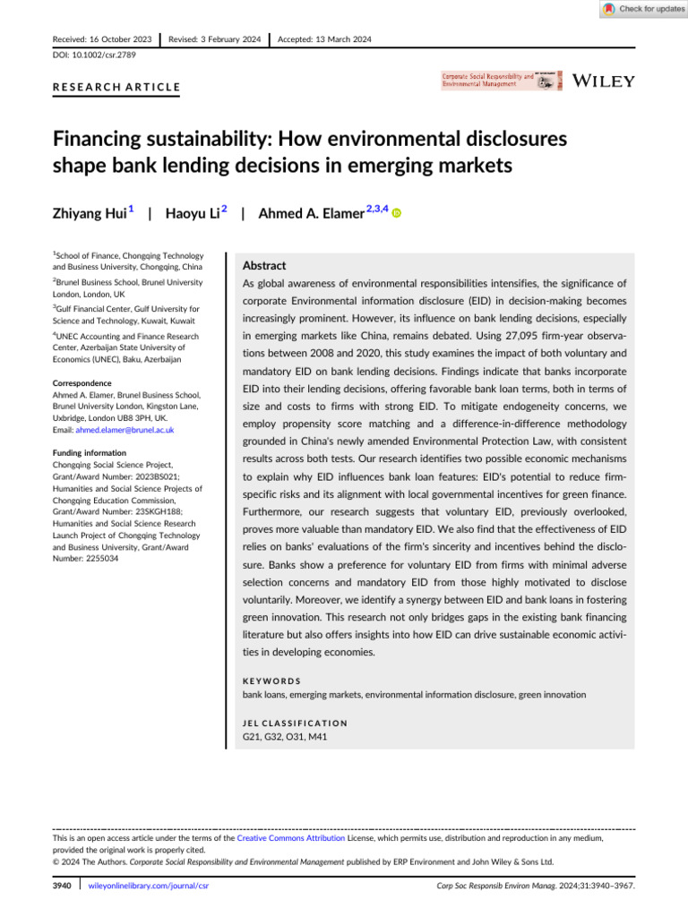 Corp Soc Responsibility Env - 2024 - Hui - Financing Sustainability How ...