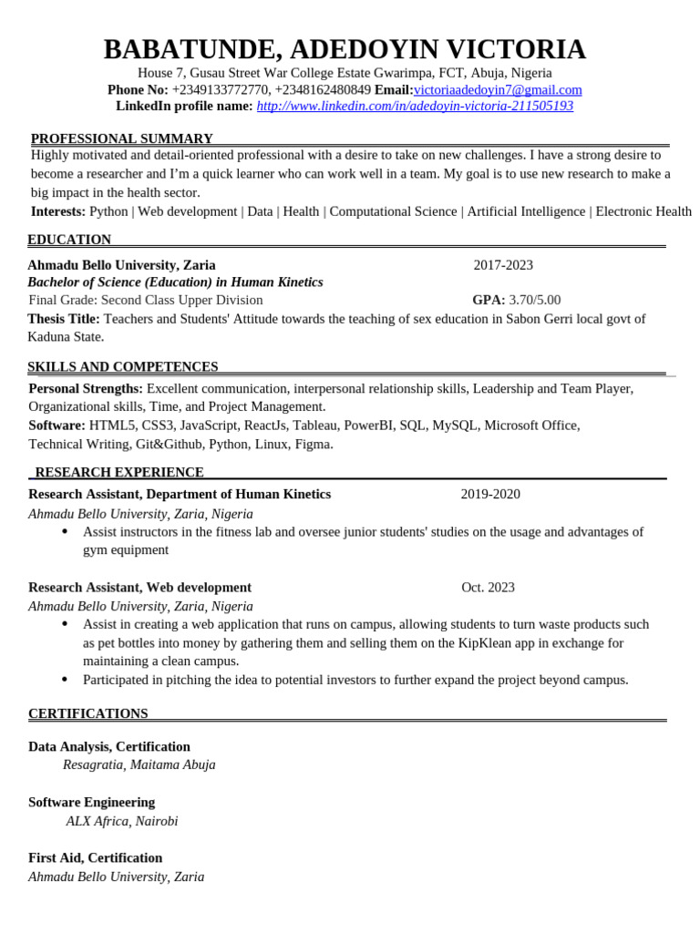Babatunde Adedoyin Victoria Health Informatics (2) CV | PDF | Application Software | Computing