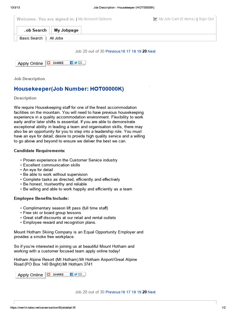 Job Description - Housekeeper (HOT00000K) | PDF | Organizational ...