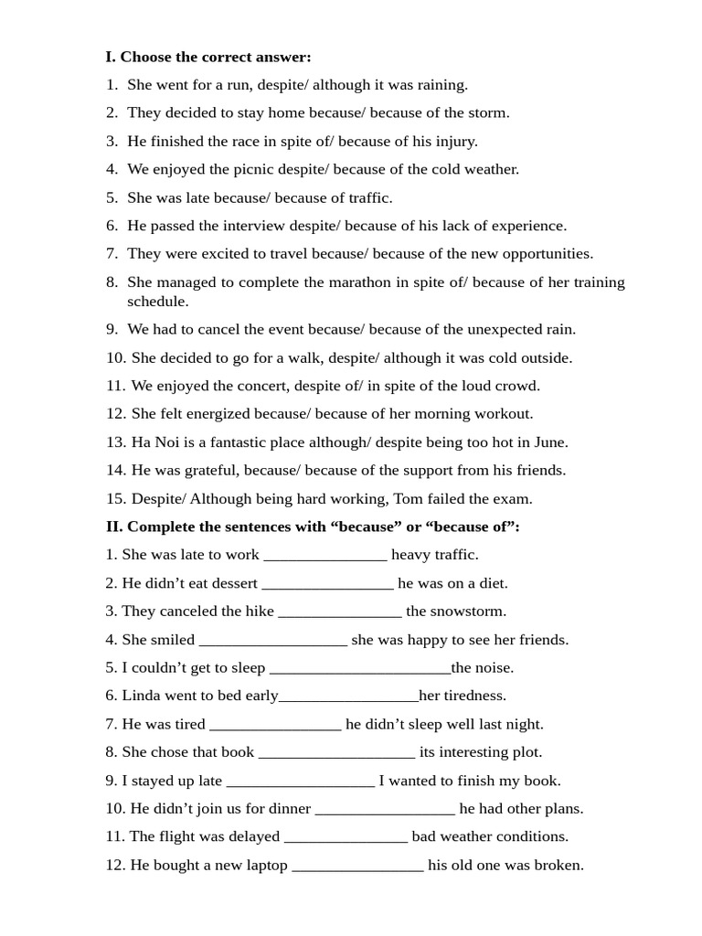 Bài tập although, despite, because | PDF