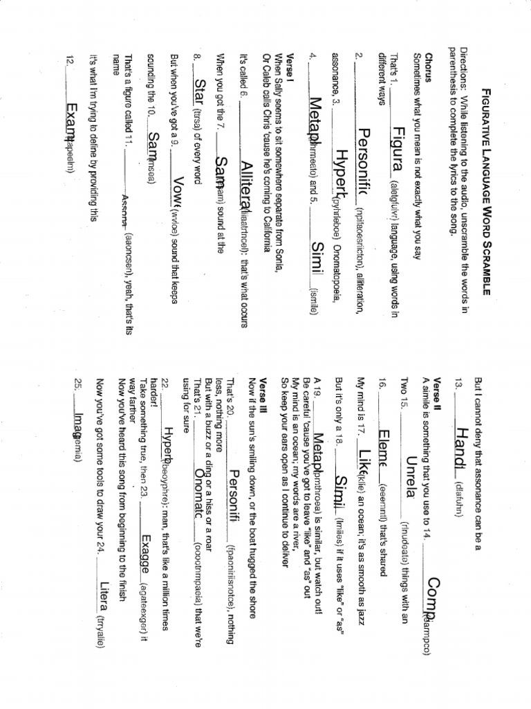 Figurative Language Crossword and Song Lyrics | PDF