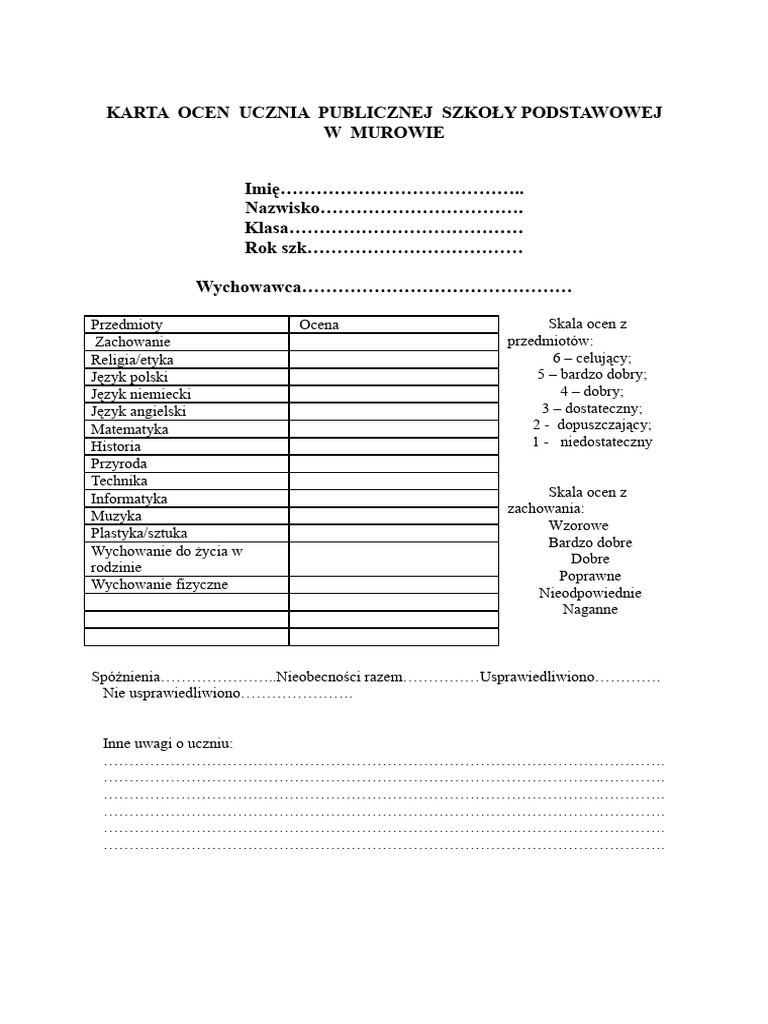 Karta Ocen Ucznia | PDF