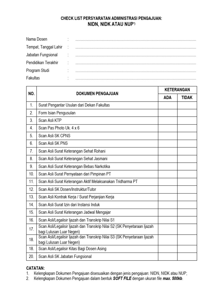 Check List Persyaratan Administrasi Pengajuan NIDN NIDK NUP | PDF