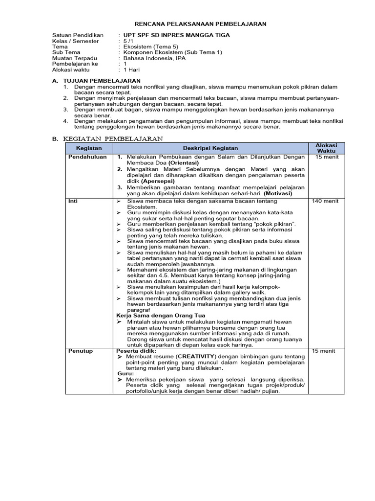 RPP Tema 5 - Pembelajaran 1 - Kelas 5 | PDF