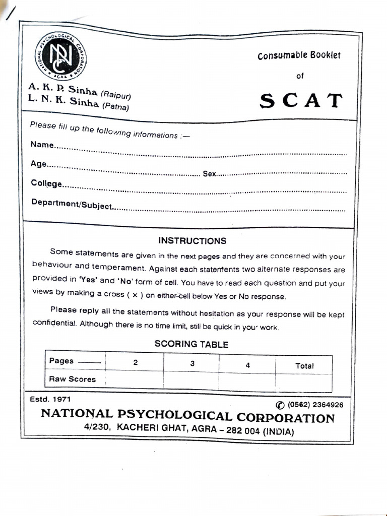 Scat Questionnaire | PDF | Psychology