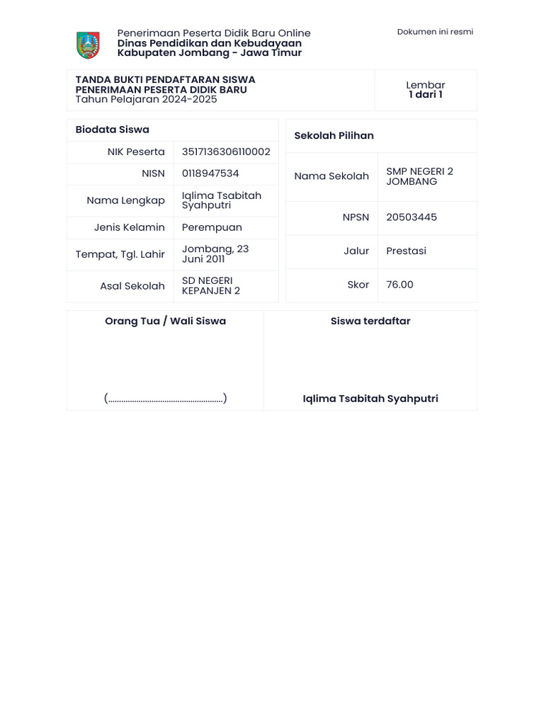 Bukti Daftar - PPDB Jombang | PDF