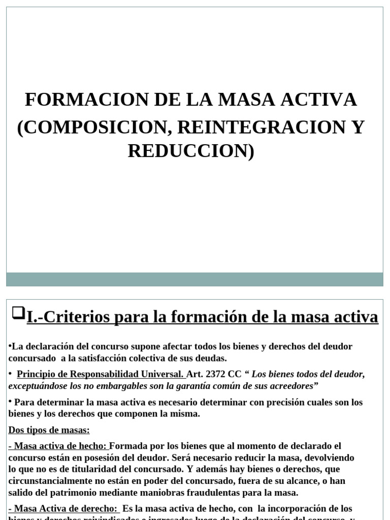Formación y Gestión de la Masa Activa | PDF | Bienes (Ley) | Pagos