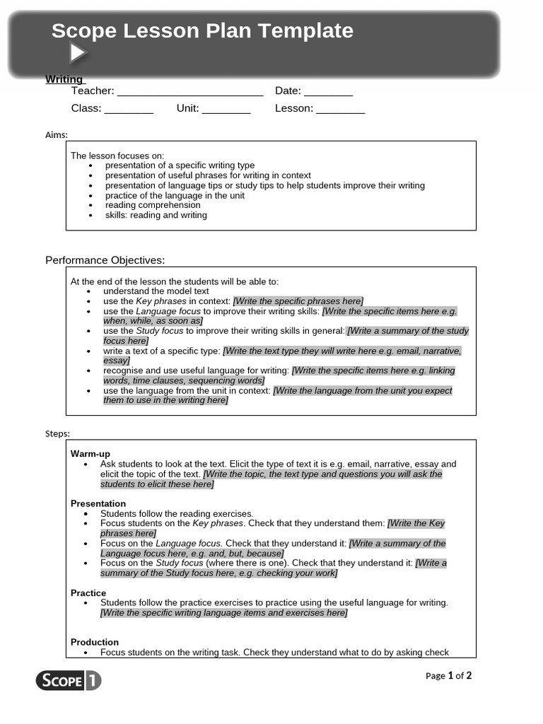 Scope1 Lptwriting | PDF | Reading Comprehension | Lesson Plan