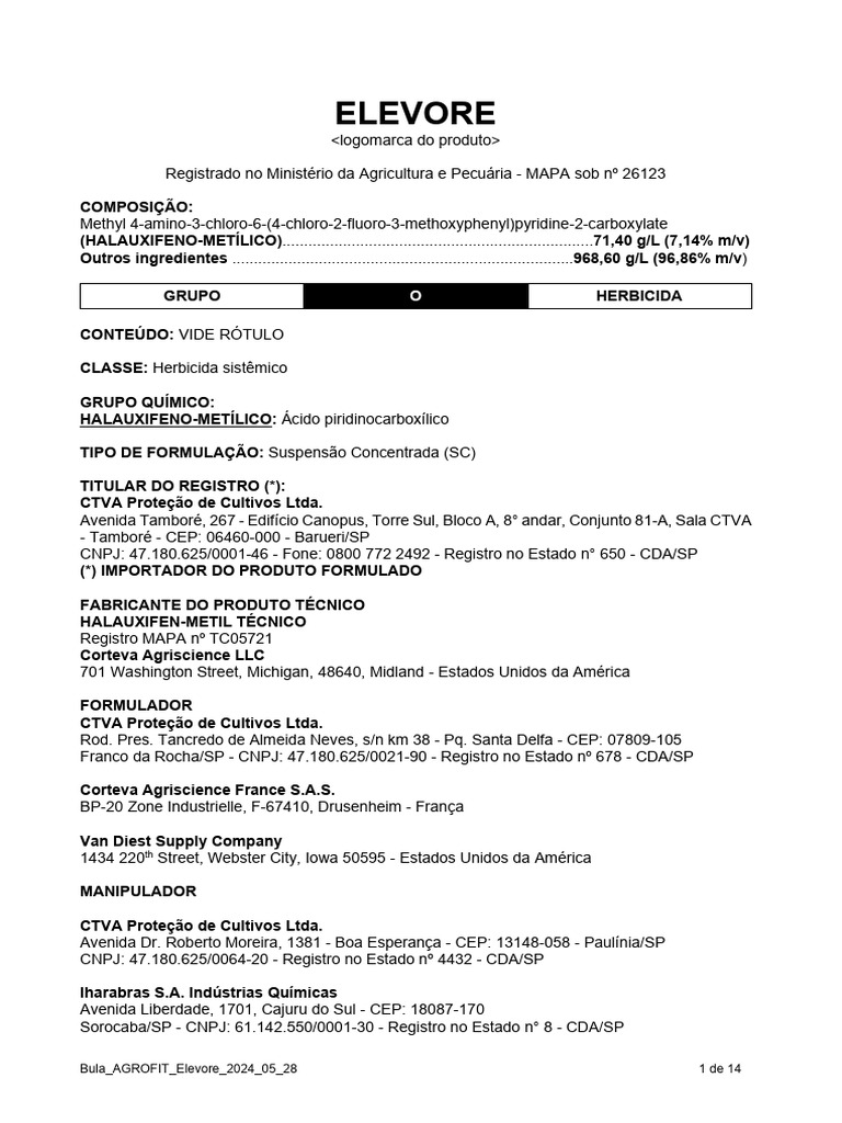 Bula do Herbicida Elevore 2024 | PDF | Ferimento | Nuvem