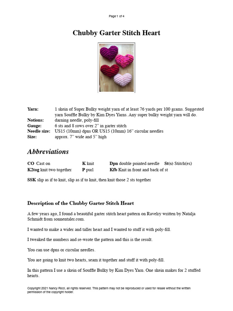 Chubby Garter Stitch Heart Pattern | PDF | Knitting | Handicrafts