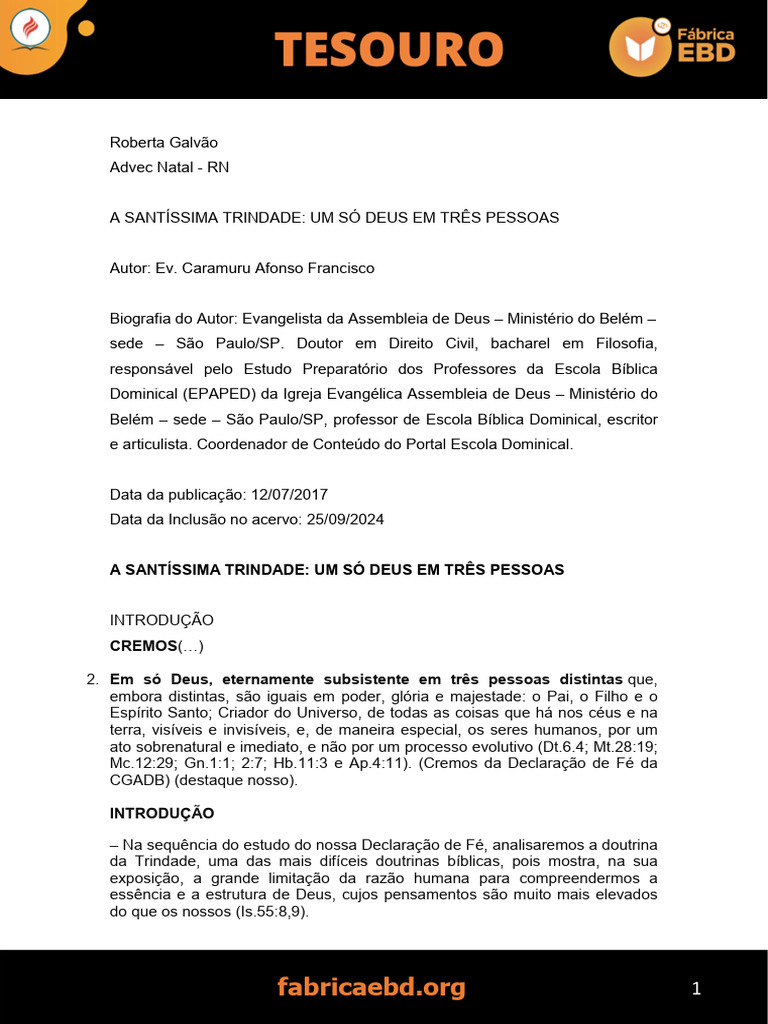 MC - L1 - A Santissima Trindade-Um So Deus em Tres Pessoas - Textual ...