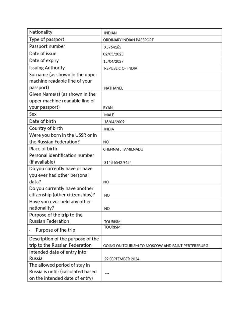 Ryan Russia Application Form PDF | PDF | Passport | Government And ...