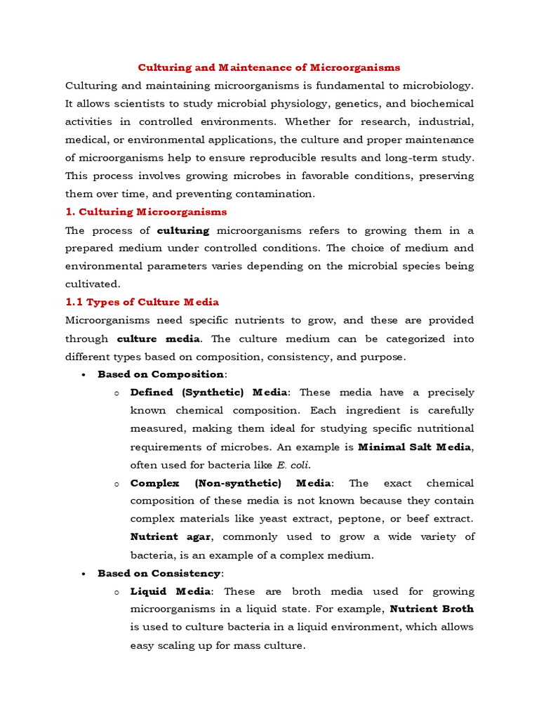 Culturing and Maintenance of Microorganisms | PDF | Growth Medium ...