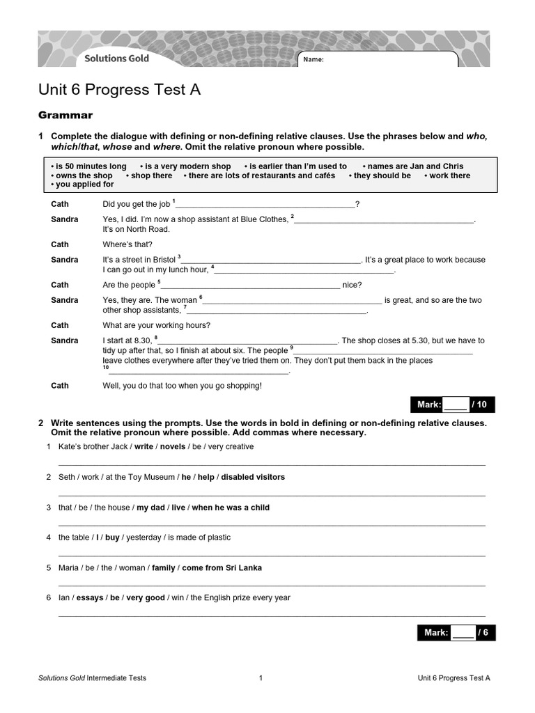 Solutions Gold Intermediate Progress Test Unit 6A | PDF | Linguistics