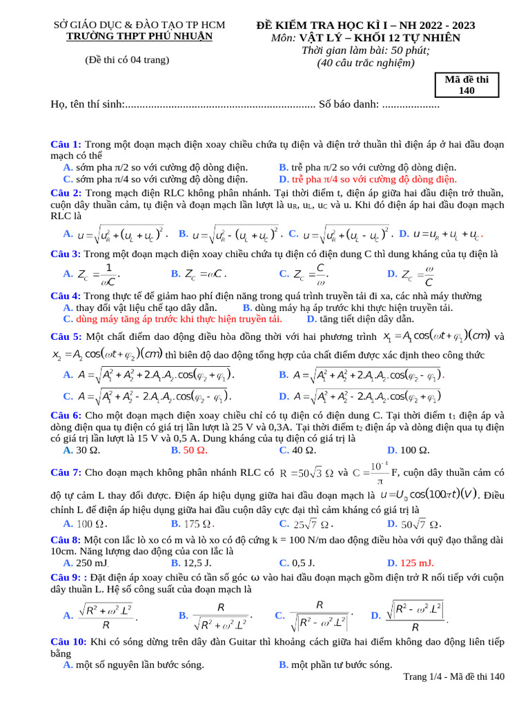 De Vat ly 12 HK1 - THPT Phú Nhuận | PDF