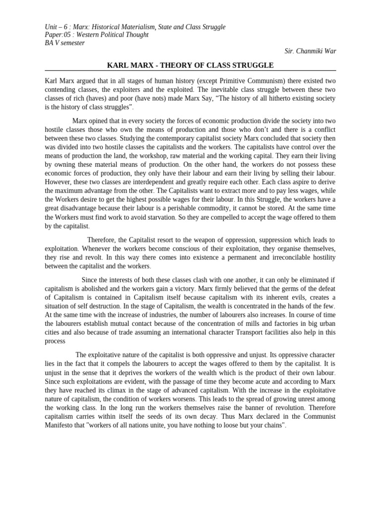 Marx's Theory of Class Struggle | PDF | Capitalism | Exploitation Of Labour