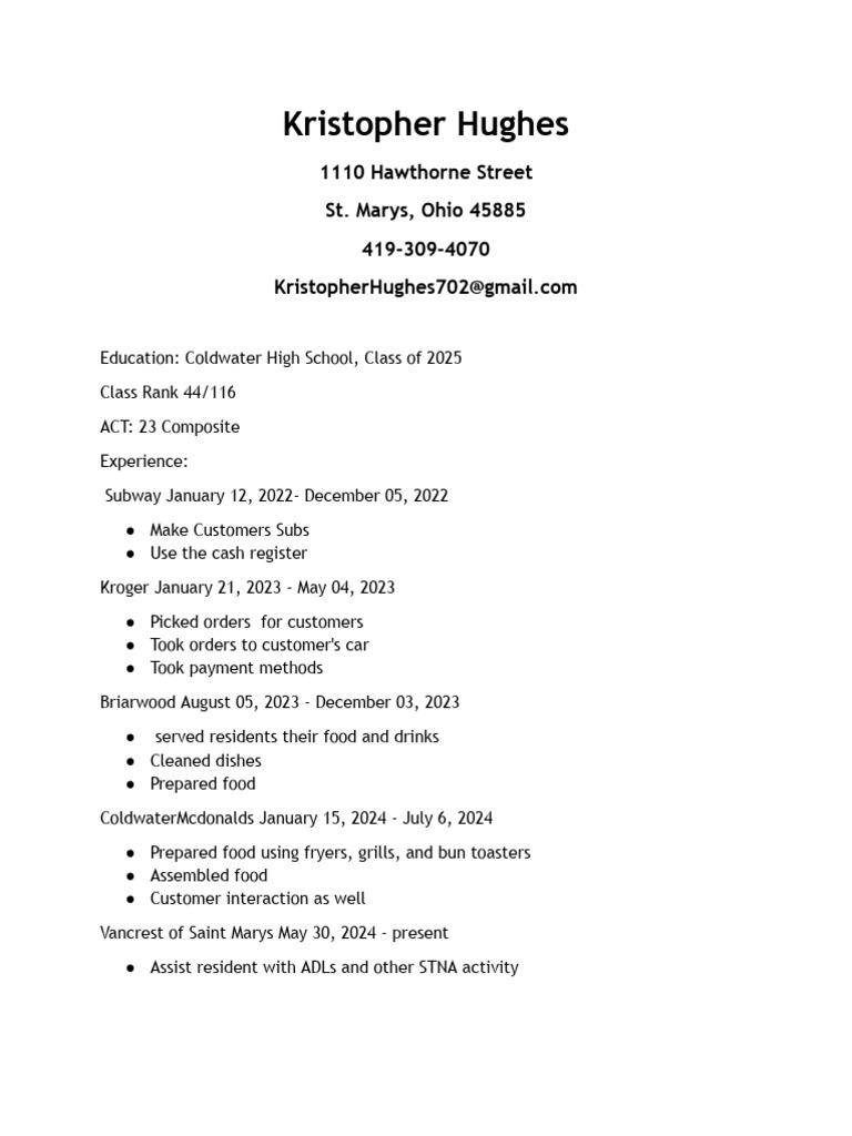 Kristopher Hughes: 1110 Hawthorne Street St. Marys, Ohio 45885 419-309 ...