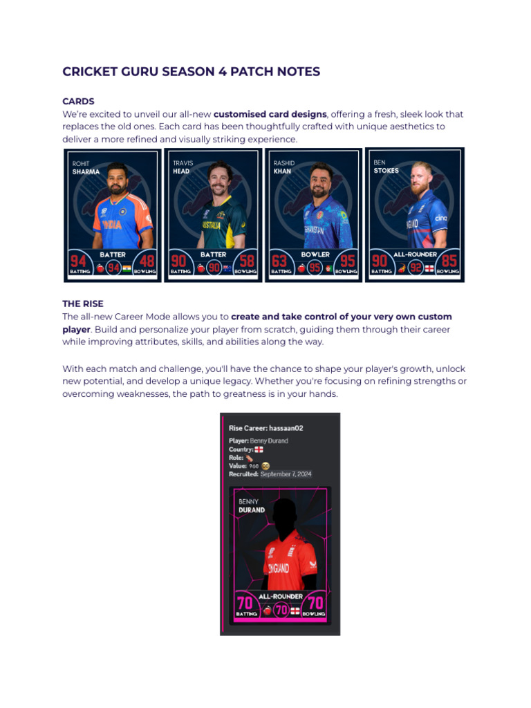 Cricket Guru Season 4 Patch Notes | PDF | Cricket | Ball And Bat Games