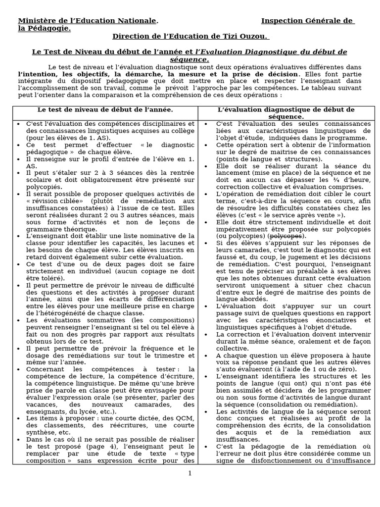Test de Niveau et Évaluation Diagnostique | PDF | Pédagogie | Discours ...