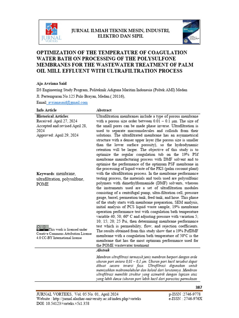 Optimization of The Temperature of Coagulation Water Bath On Processing of The Polysulfone ...