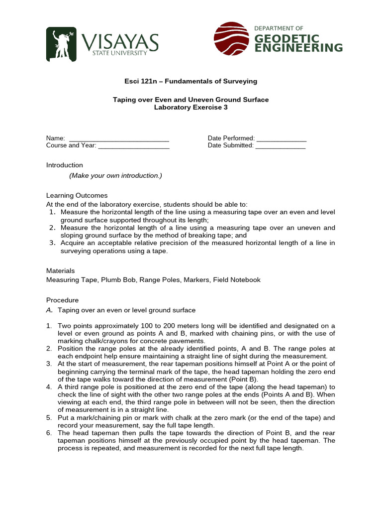 LabEx03 - Taping Over Even and Uneven Ground Surface | PDF | Surveying ...