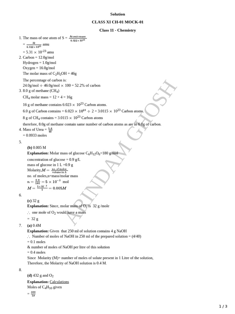 CH 01 Mock 01 Solution | PDF | Mole (Unit) | Stoichiometry CH 01 Mock 01 Solution | PDF | Mole (Unit) | Stoichiometry