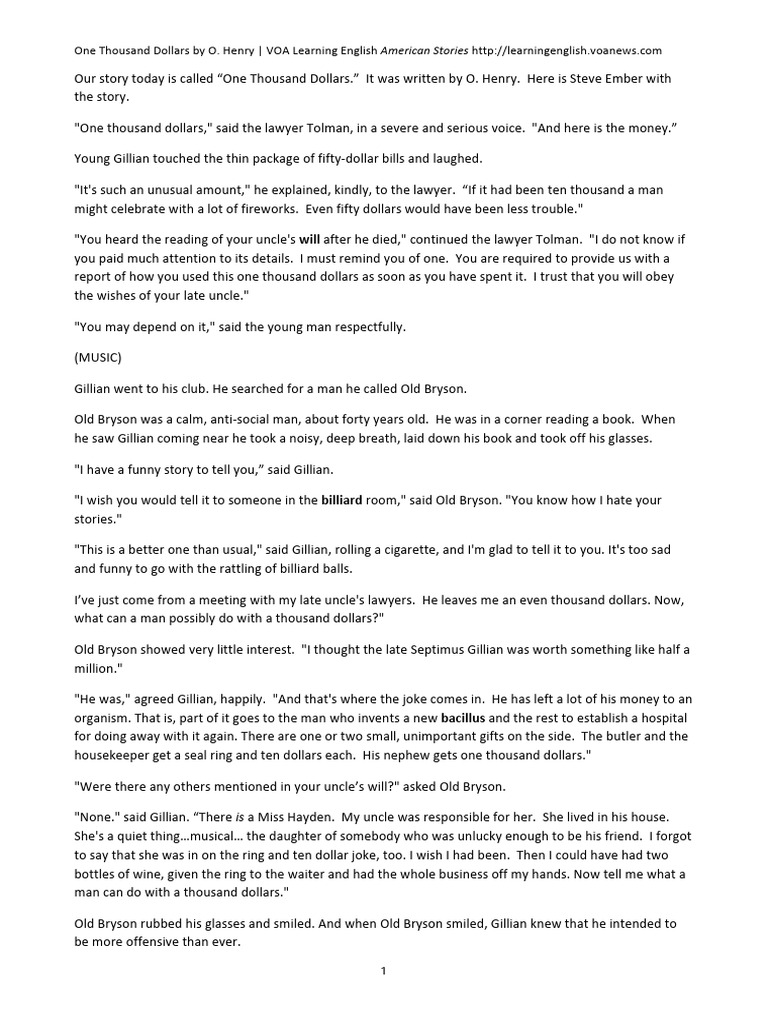 One Thousand Dollars by O. Henry | PDF