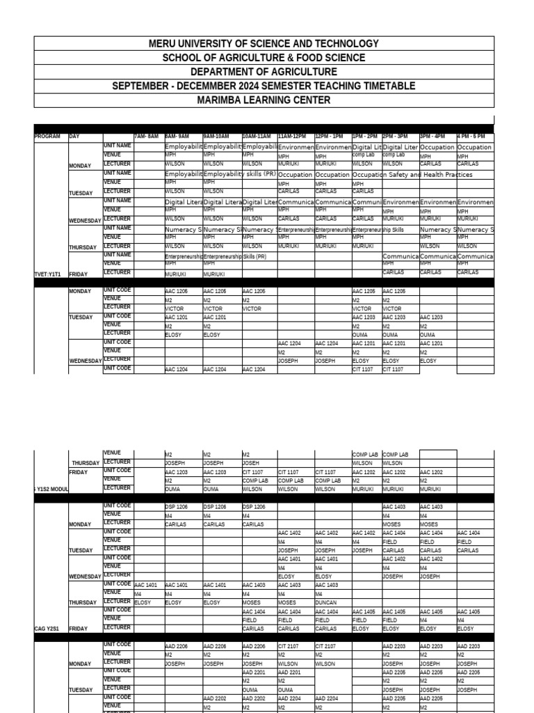 Sept-Dec 2024semester Teaching Timetable | PDF | Horticulture | Botany