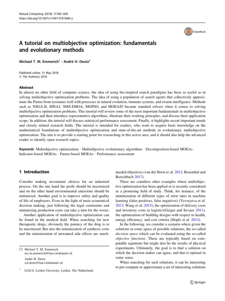 A Tutorial On Multiobjective Optimization: Fundamentals and Evolutionary Methods | PDF ...