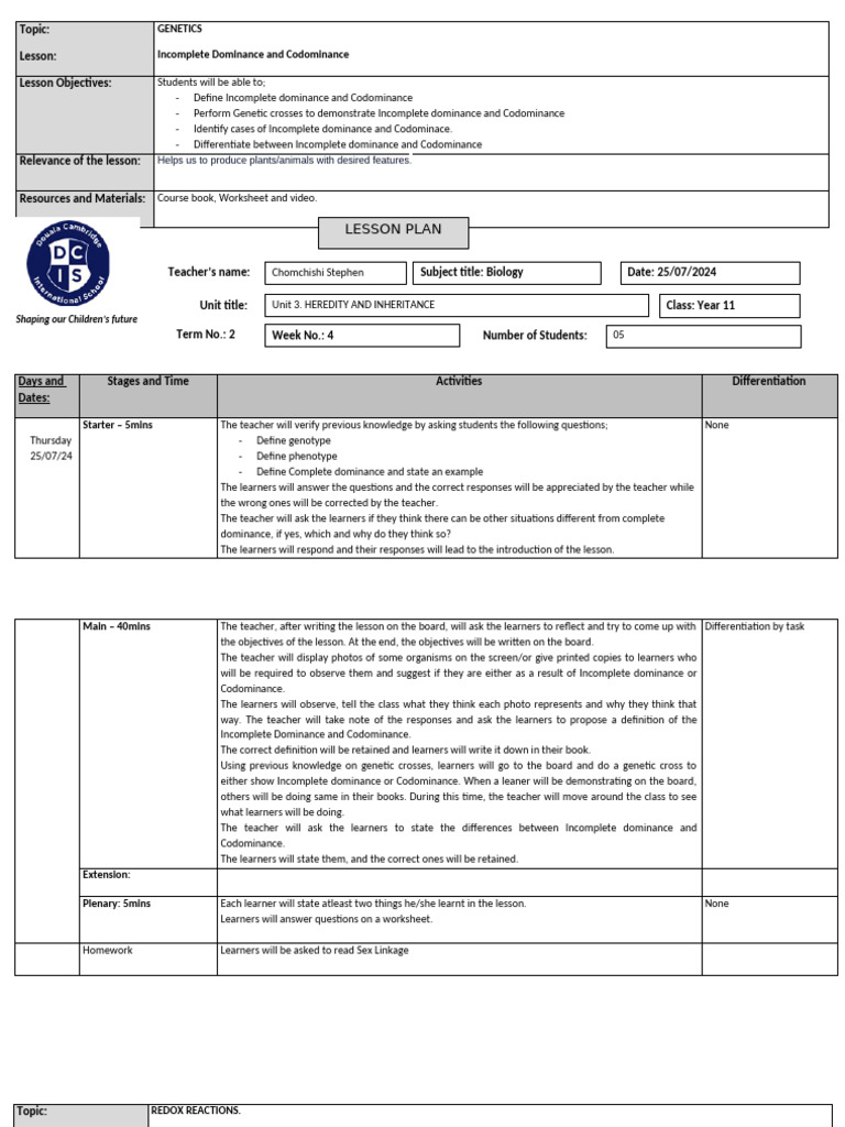 DCIS LESSON PLAN Template - Example Lesson | PDF | Redox | Dominance ...