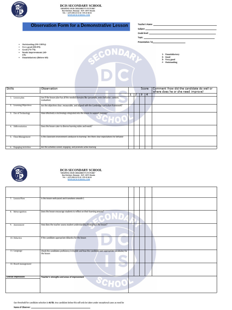 Lesson Observation Evaluation Form | PDF | Learning | Teachers