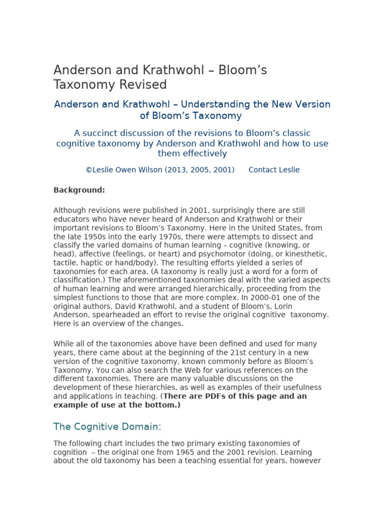 Anderson and Krathwohl, Bloom taxonomy revised | PDF | Knowledge ...
