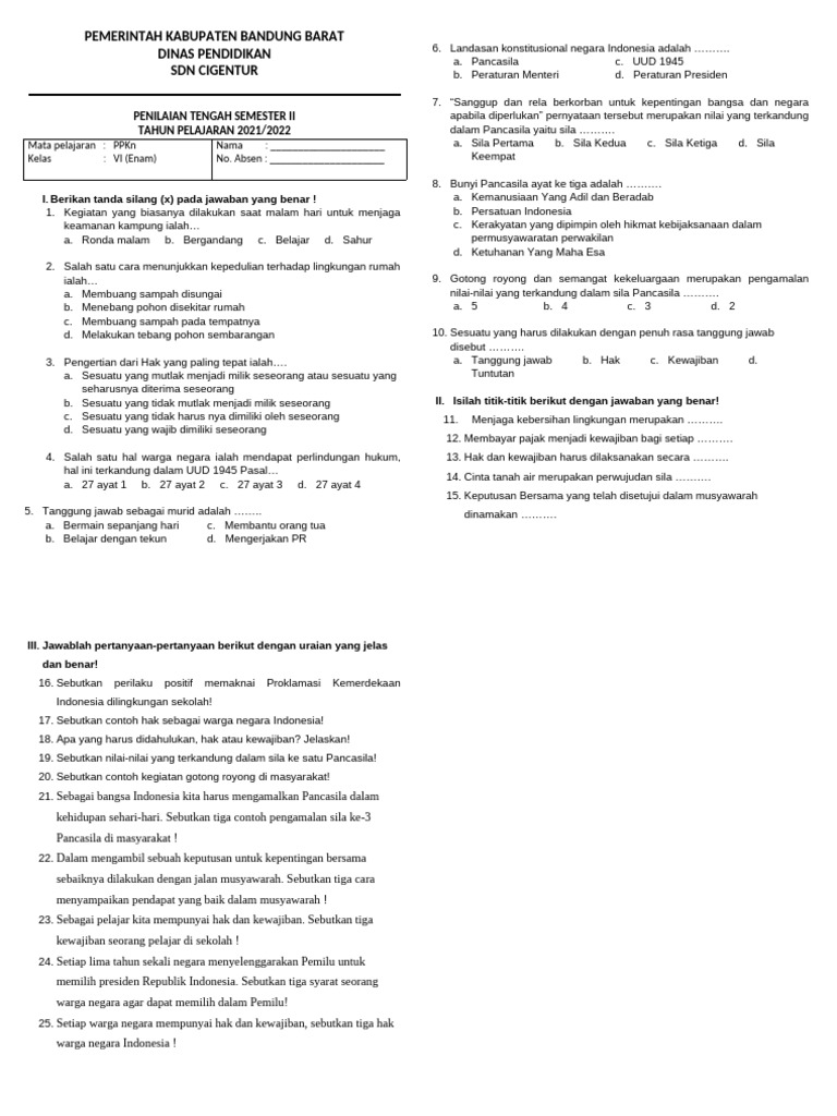 Soal PTS PPKN Kelas 6 | PDF