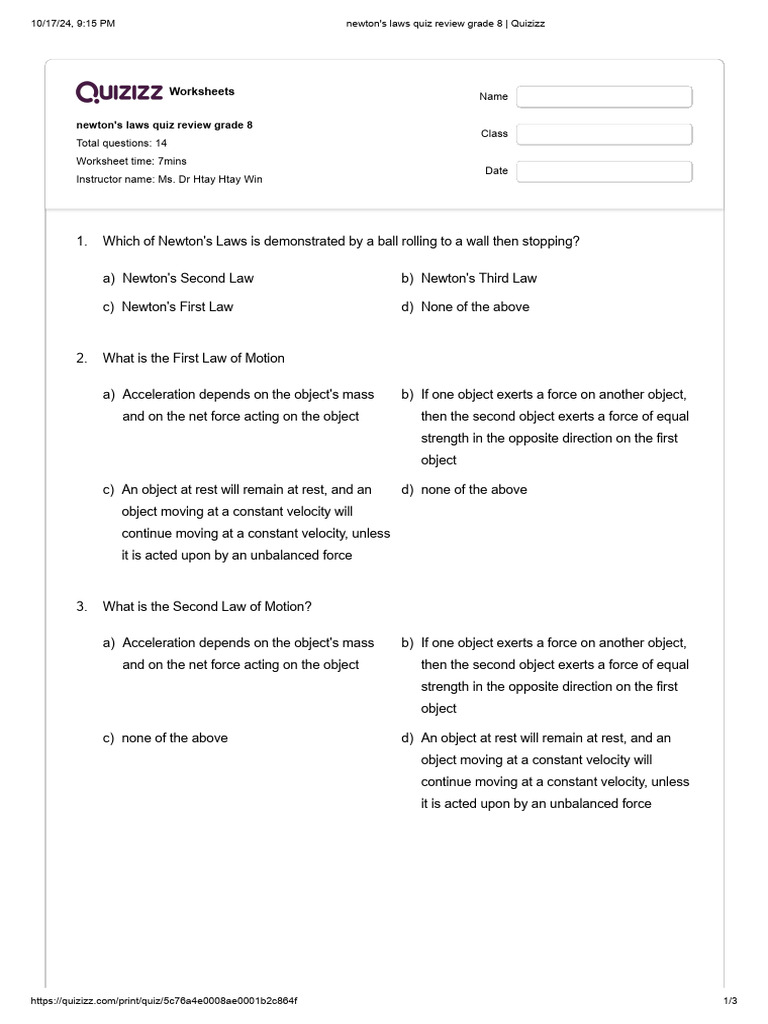 Grade 8 Newton's Laws Quiz Worksheet | PDF | Force | Newton's Laws Of ...