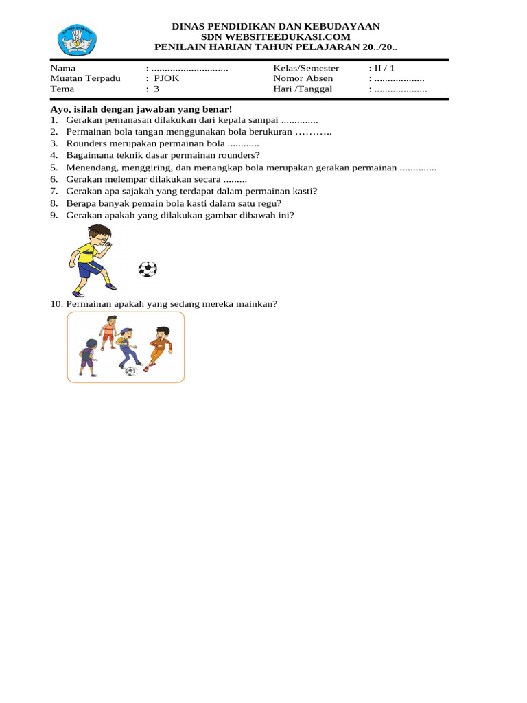 Soal PH PJOK Kelas 2 Tema 3 | PDF