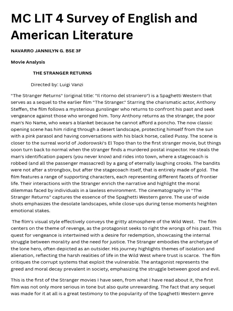 Analysis of "The Stranger Returns" Film | PDF | Western (Genre) | Revenge