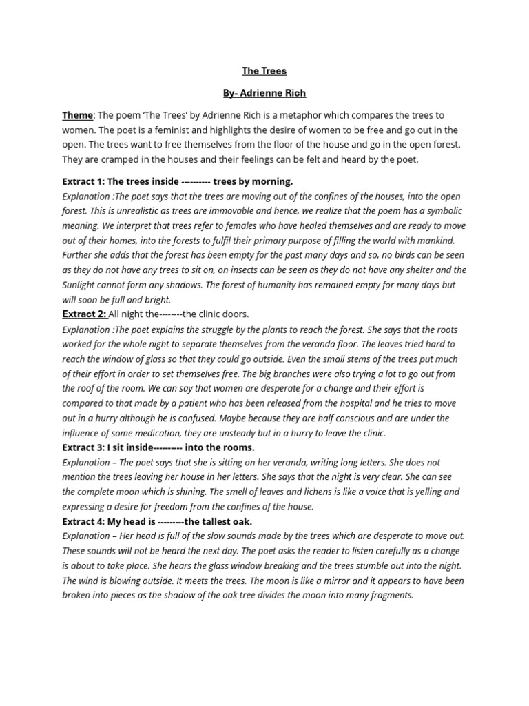 Adrienne Rich's "The Trees": Feminist Metaphor | PDF | Trees