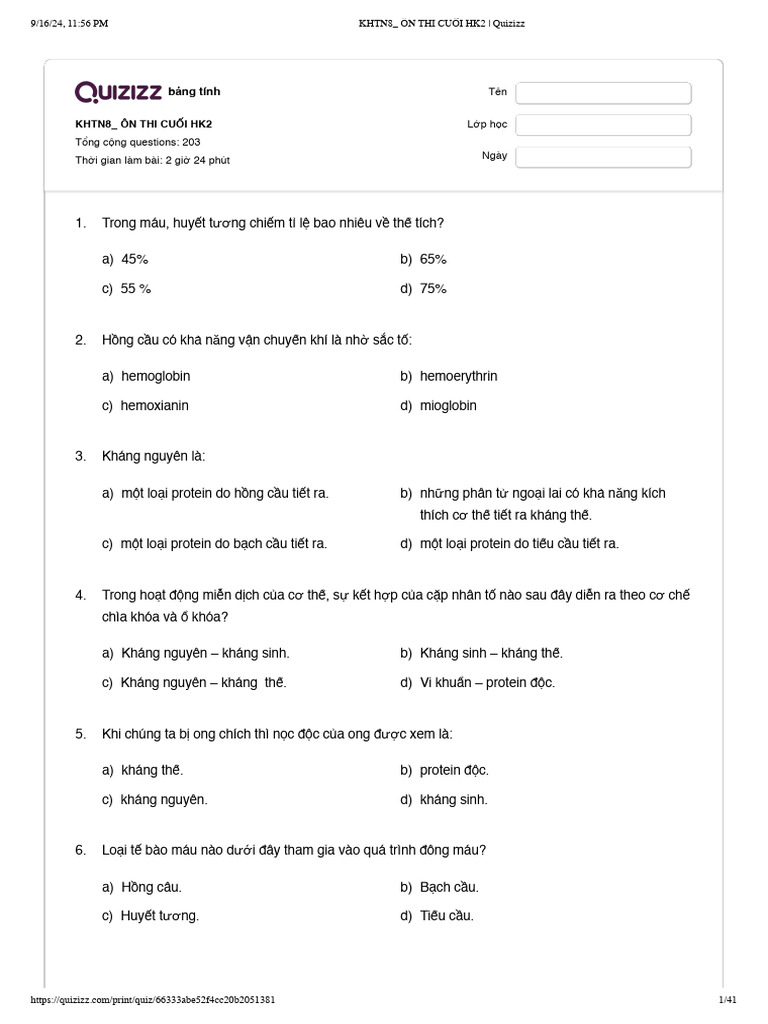 KHTN8 - ÔN THI CUỐI HK2 - Quizizz | PDF