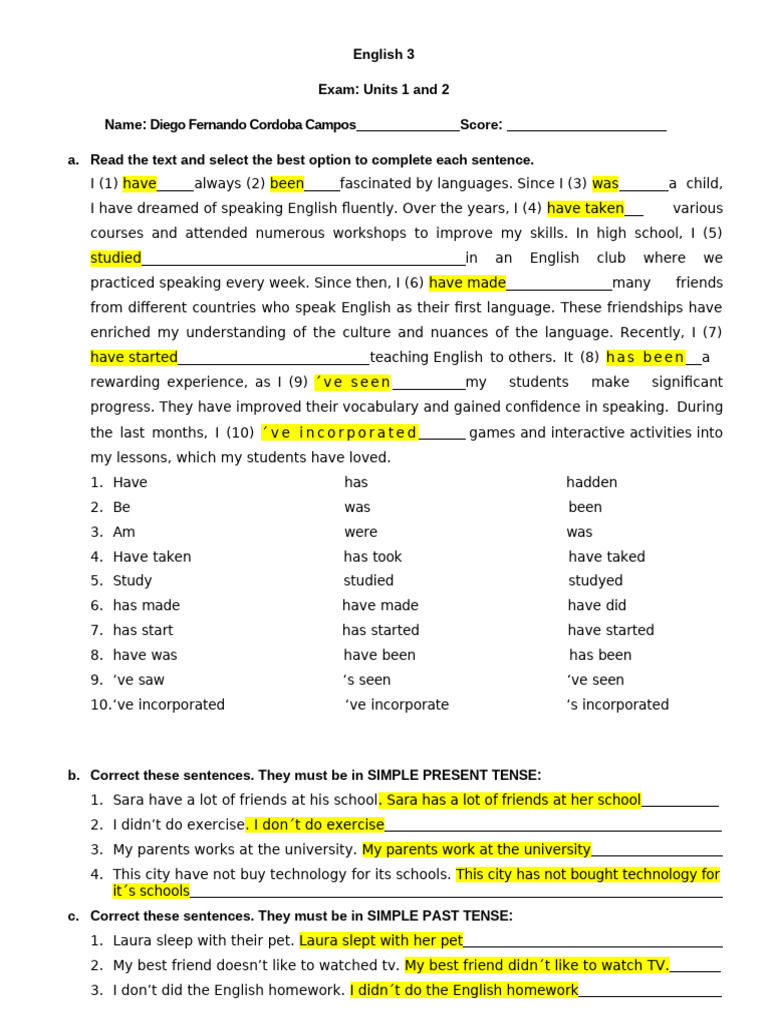 English 3 - Exam Unit 1 and 2 | PDF | English Language | Human ...