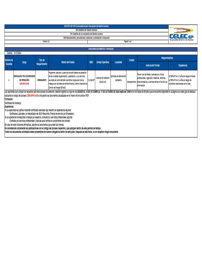Convocatoria Especialista TEC 3 CELEC Sur | PDF