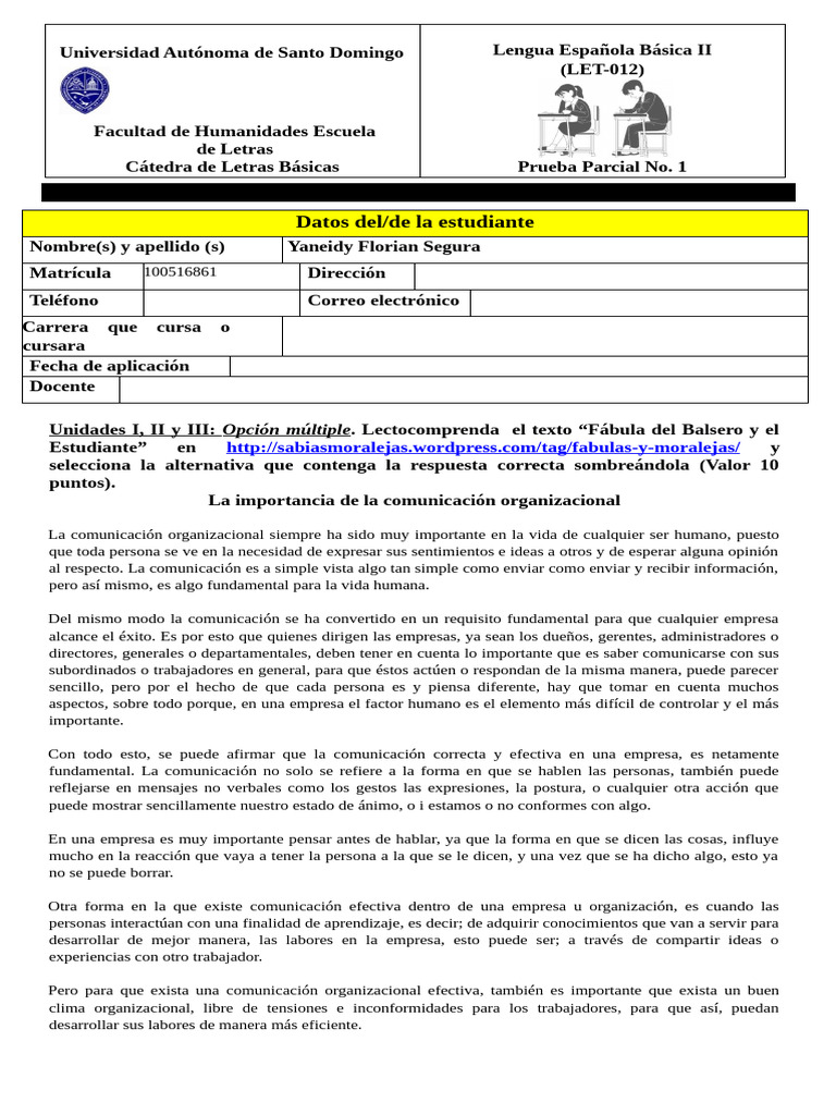 UASD LET-012 Primer Parcial | PDF | Comunicación | Business