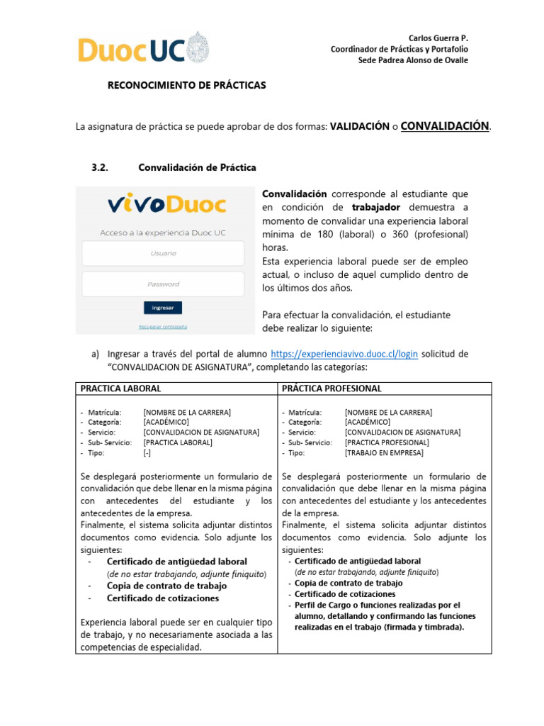 Informativo convalidación de práctica | PDF