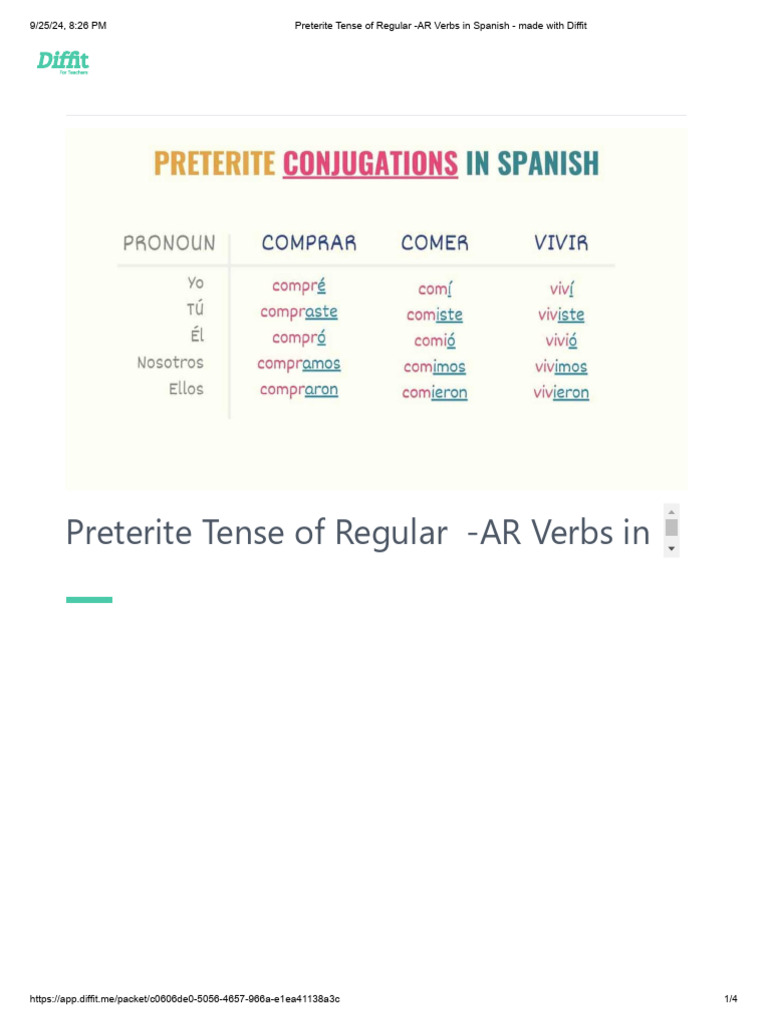 Kami Export - Preterite Tense of Regular - AR Verbs in Spanish - Made ...